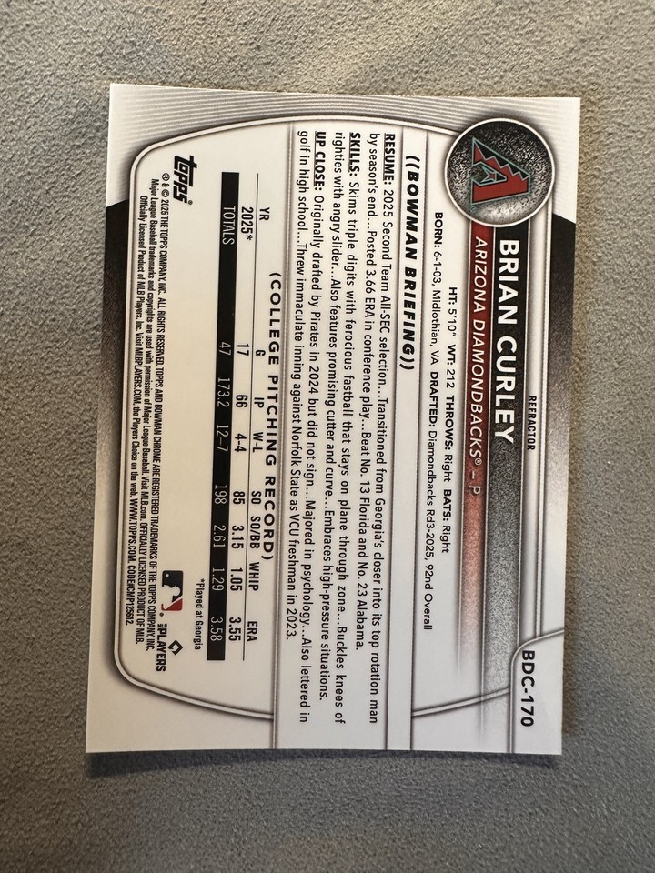 Brian Curley 2025 Bowman Draft #BDC-170 Diamondbacks 1st Chrome ...