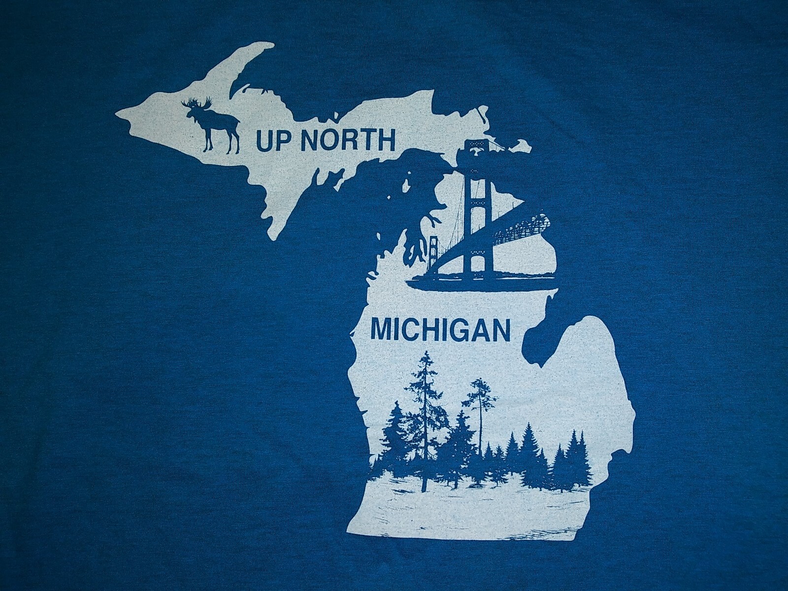 Up North Michigan State Outline Outdoors Mackinaw Bridge T Shirt Blue ...