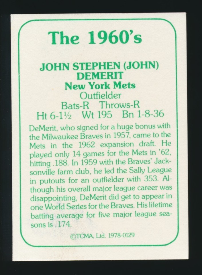 1978 TCMA "The 1960's" -#129 JOHN DeMERIT (New York Mets) *AUTOGRAPH ...