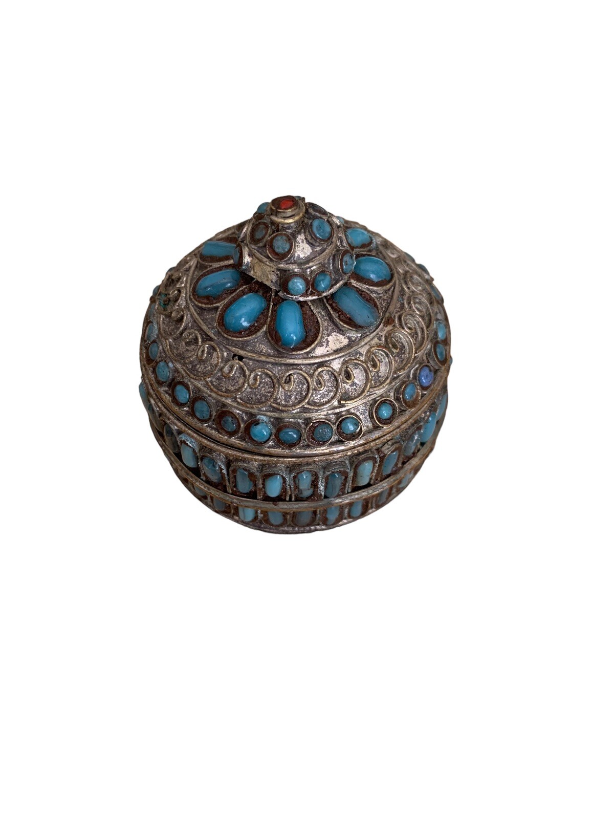 Vintage Tibetan Silver Filigree Trinket Jewelry Box Turquoise Colored ...