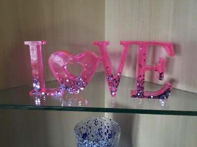 Handmade Resin Freestanding LOVE Pink sign With Glitter | eBay UK
