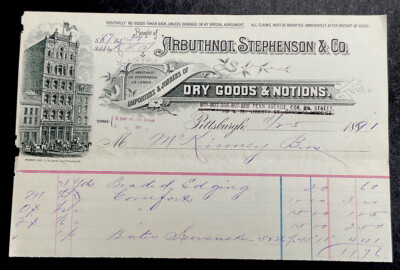1891 Billhead Pittsburgh Pa Arbuthnot Stephenson & Co Dry Goods #b5 | eBay