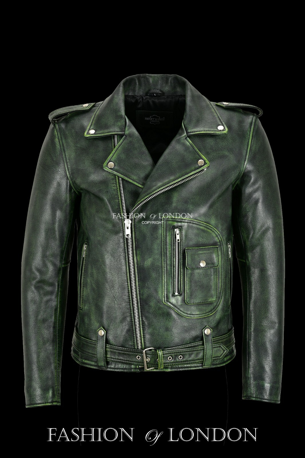 Men's Real Leather Riding Jacket Green Vintage Thick Cowhide Brando ...