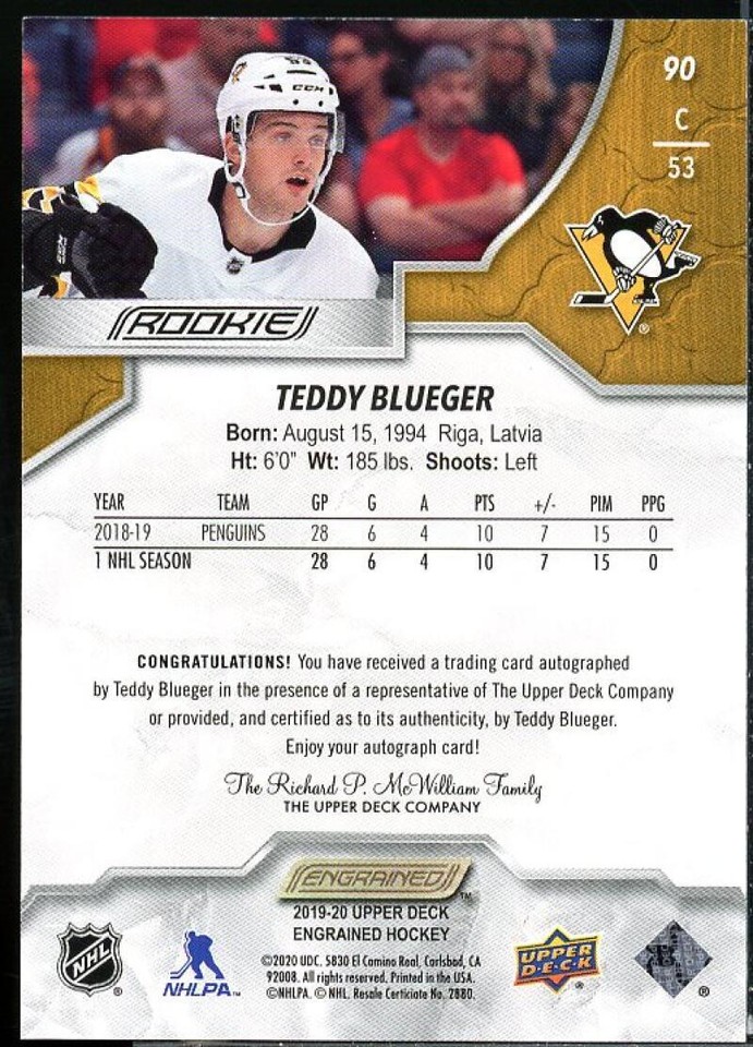 Teddy Blueger Rookie Card 2019-20 Upper Deck Engrained Autographs Oak ...