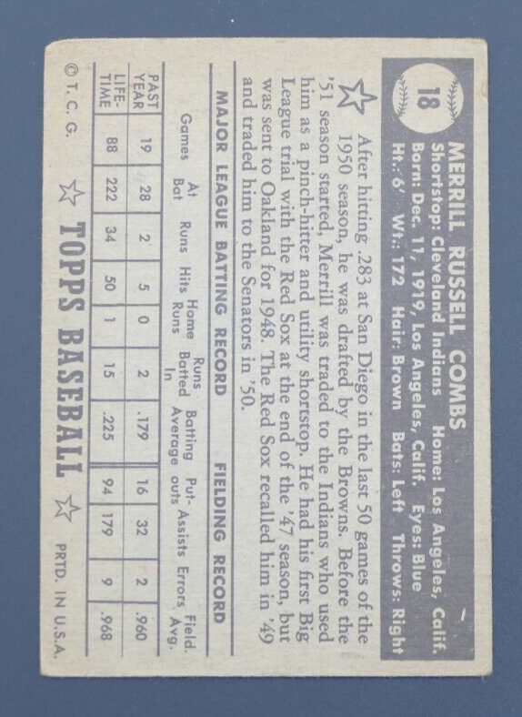 1952 Topps #18 Merrill Combs (black back) ~ Cleveland Indians Shortstop ...