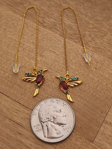 Gold Tone Drop Tassel Hummingbird Earrings Stud Threader Dangle Thread ...