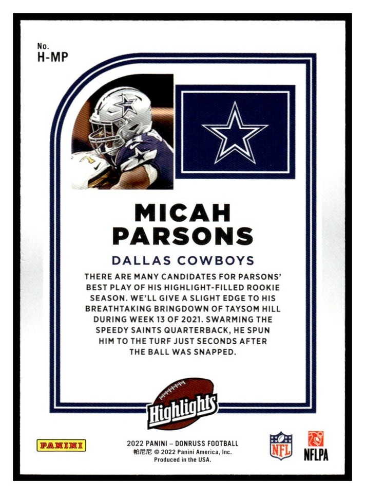 2022 Donruss Highlights MP Micah Parson Dallas Cowboys football card | eBay