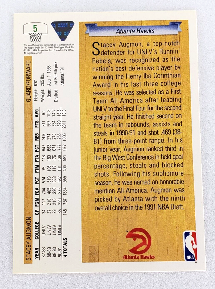 1991-92 Upper Deck Basketball NBA Draft Stacey Augmon RC #5 Atlanta ...