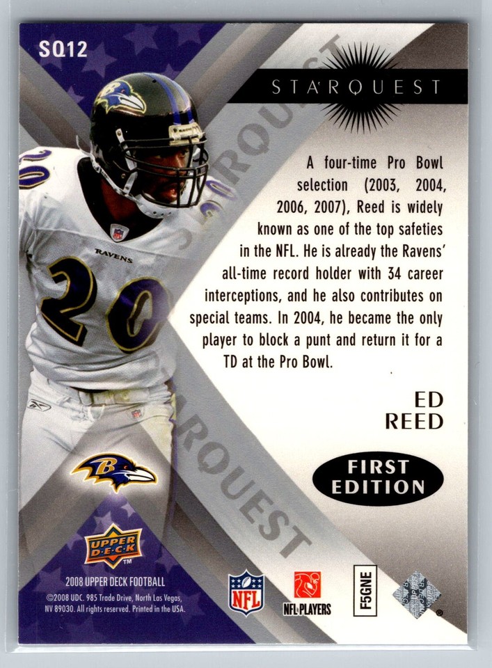 Ed Reed 2008 Upper Deck First Edition Football StarQuest #SQ12 Ravens ...