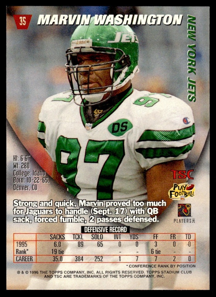 1996 Stadium Club Football Card Marvin Washington A New York Jets #35 ...