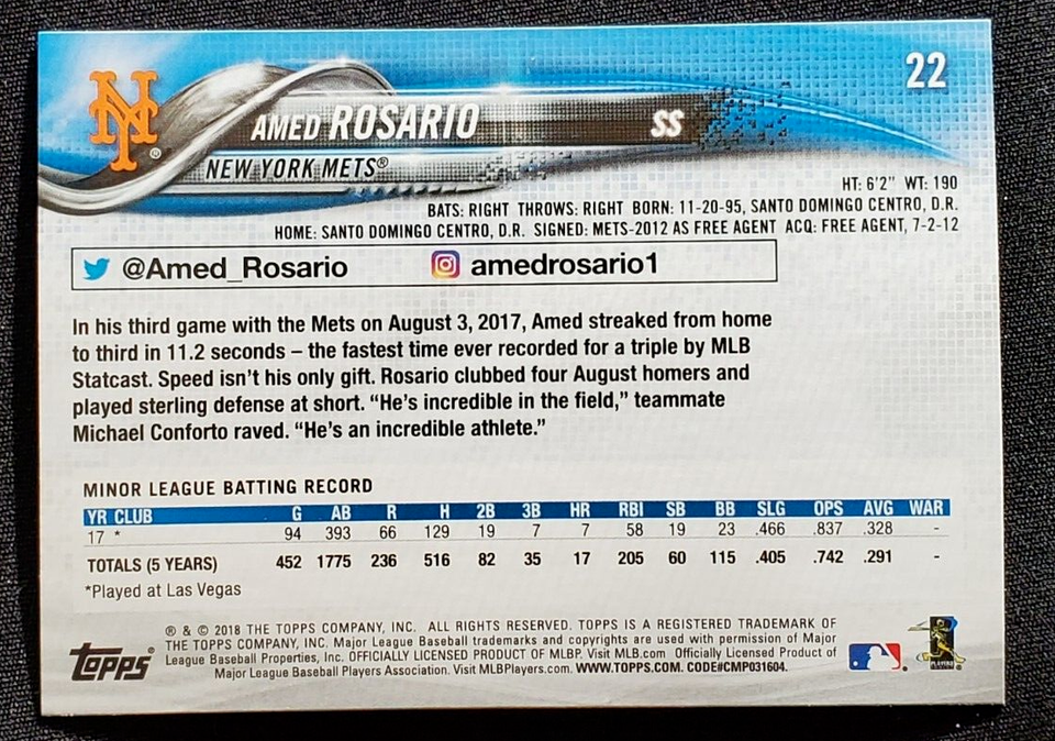 Amed Rosario 2018 Topps New Era Hats Promo Variation #22 NY Mets ...