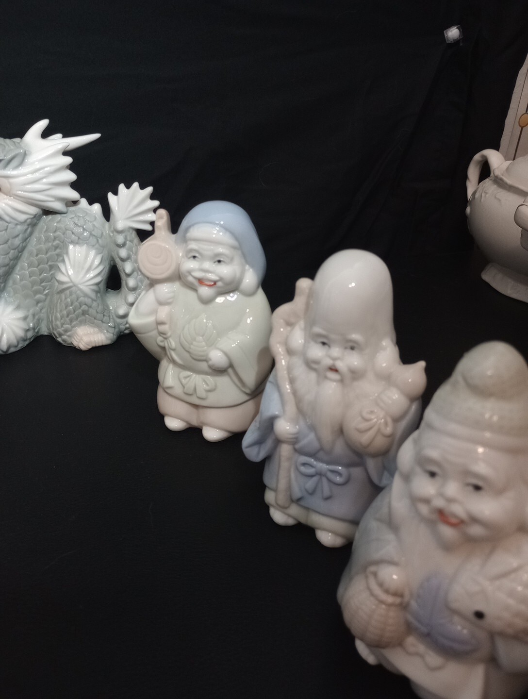 Pair of Yashimi K Porcelain Light Blue Dragon & 7 Lucky Gods Figurines ...