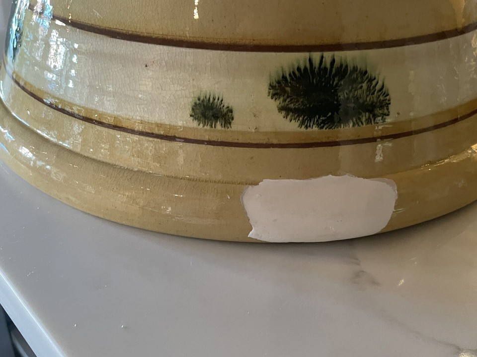 Antique Mocha Yellow Ware Bowl with Green Seaweed Band almost 15 inches ...