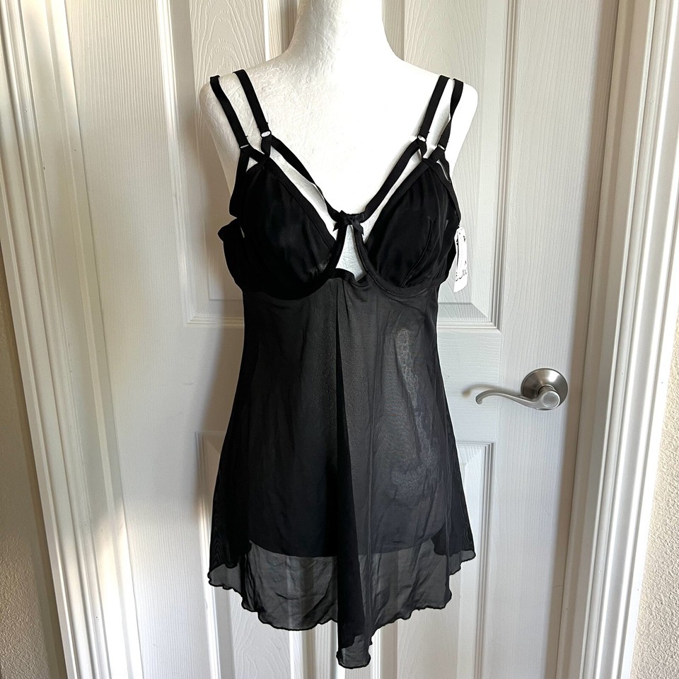 Black Bow Janessa Strappy Sexy Chemise G-String Thong 2 Piece Set ...