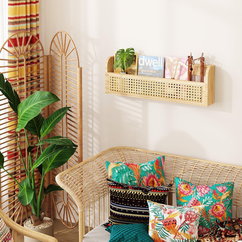 Wooden Rattan Wall Shelf - 24’’ Nursery Hanging Book Shelves for Wall ...