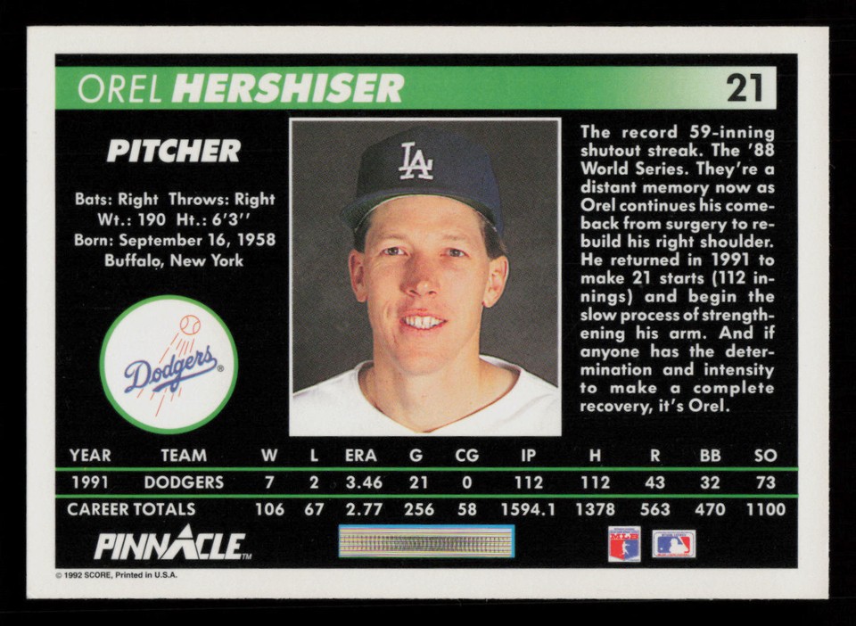 1992 Pinnacle Orel Hershiser #21 Los Angeles Dodgers Baseball Card | eBay