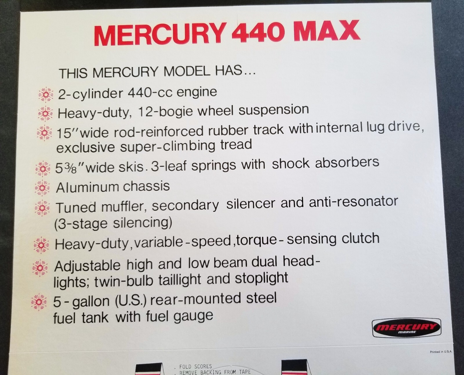 1973-74 Mercury 440 Max Snowmobile Dealer Showroom NOS Cardboard Sales ...