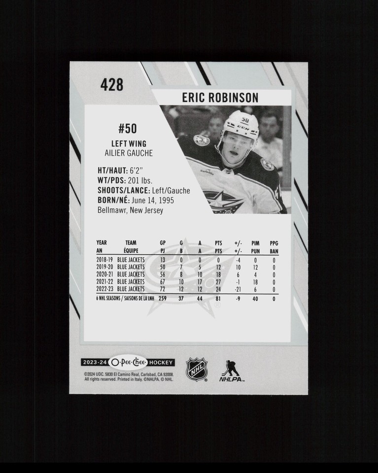 2023-24 O-Pee-Chee OPC #428 Eric Robinson, Columbus Blue Jackets CARD ...