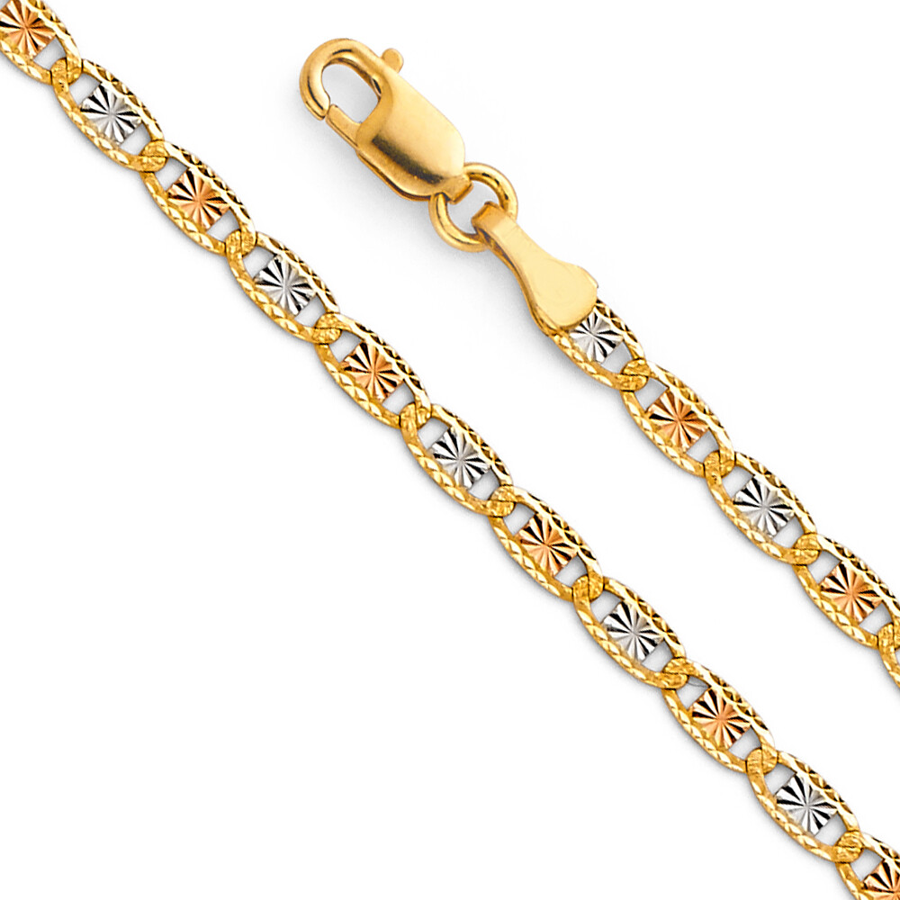 14K Tri Color Solid Gold 2.6mm Valentino DC Chain Necklace with Lobster ...