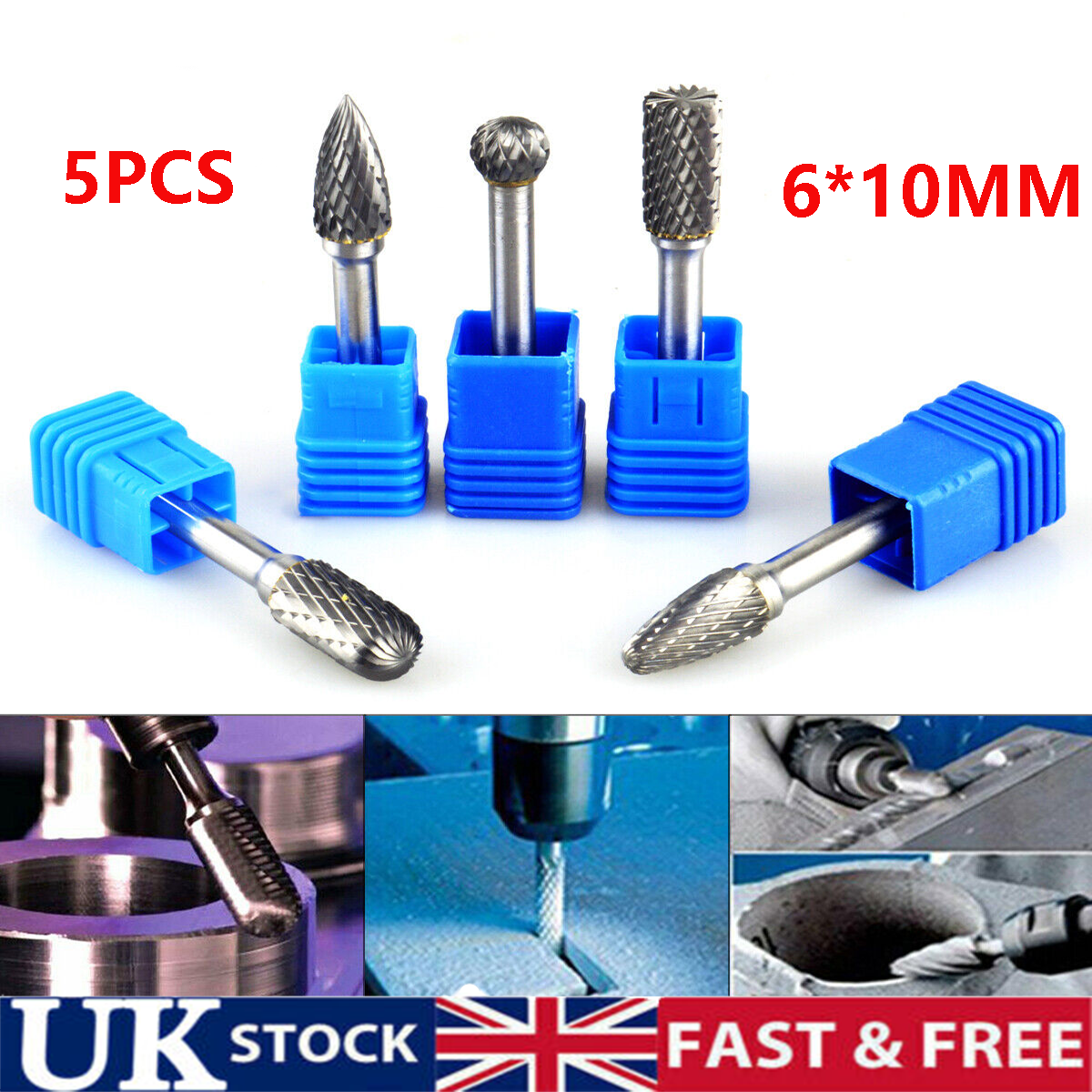 5PCS 10mm 1/4" Tungsten Carbide Rotary Tip Burr Set Die Grinder Shank ...