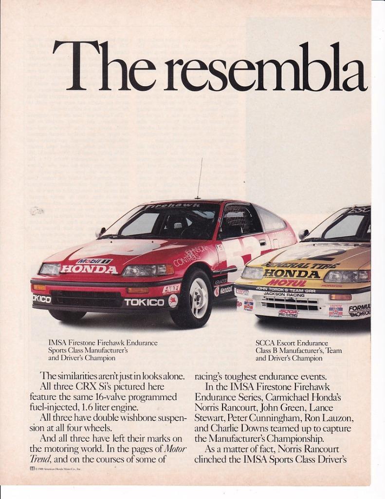 1989 Honda CRX Si 2 pg Print-Ad/ Race Cars/IMSA Firehawk / SCCA ...