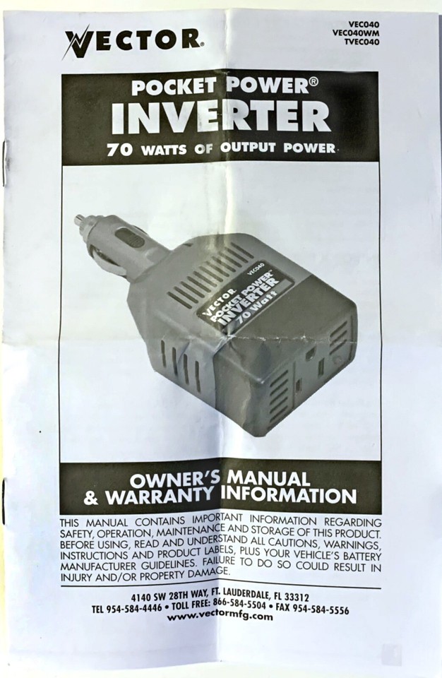 Vector Pocket Power Inverter, 70 Watt Car Adapter DC To AC - Open Box ...