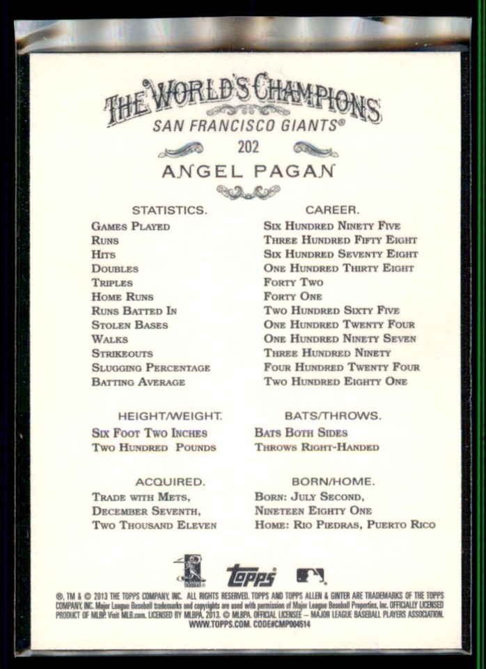 2013 Topps Allen & Ginter Angel Pagan #202 San Francisco Giants | eBay