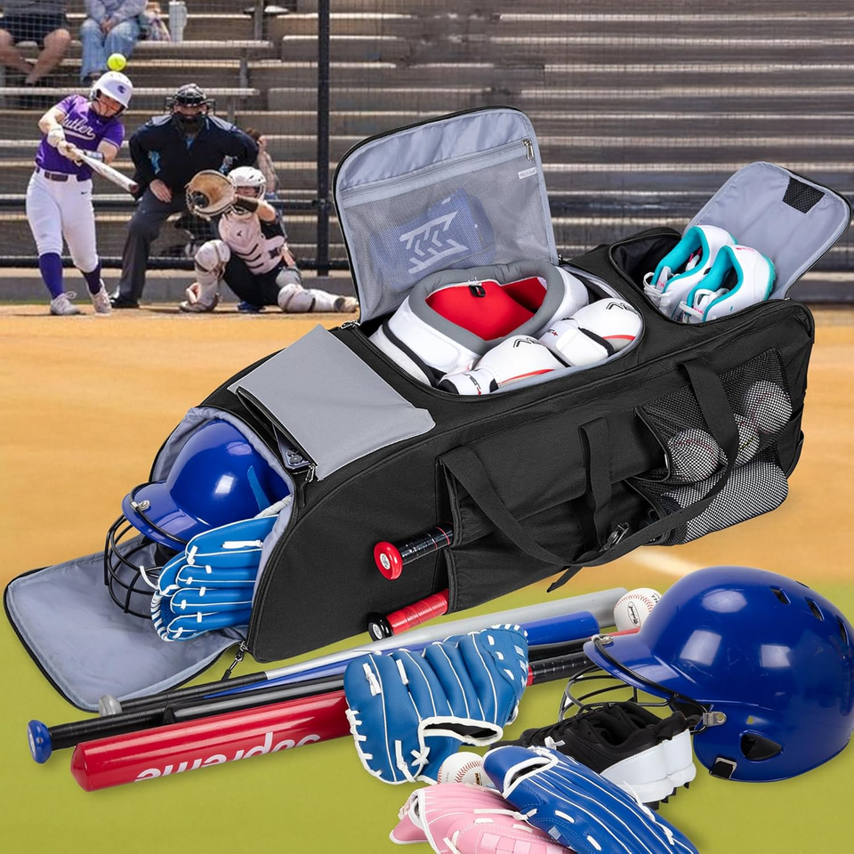 Wheeled Baseball Bag for 4 Bats, Large Softball Gear Bag with Shoe ...