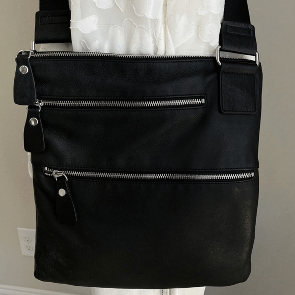 Margot Black Pebbled Leather Moto Crossbody Messenger… - Gem