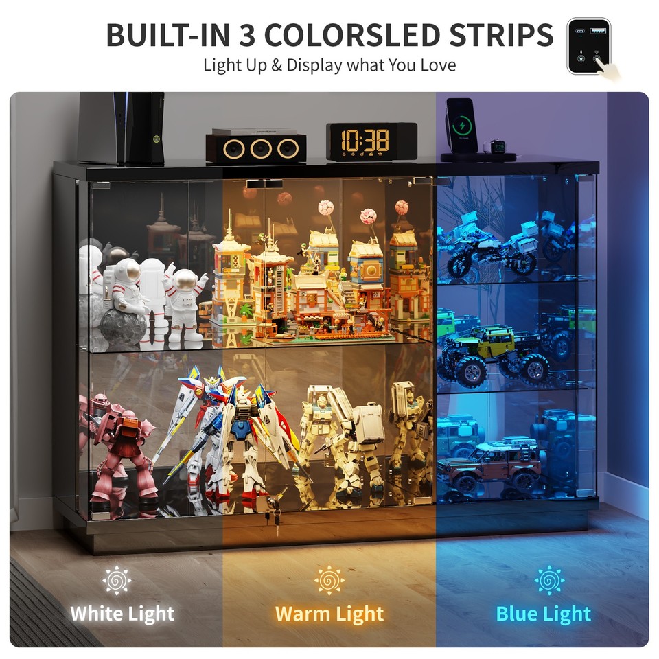 Gurexl Glass Display Cases with Human Sensor and 3 Color Lights for ...