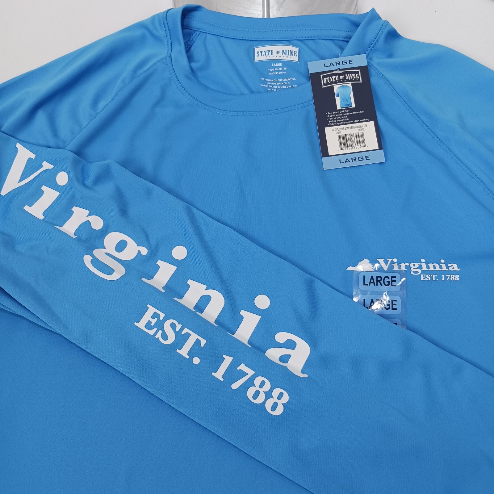 NEW State of Mine Mens Blue Long Sleeve Tee Shirt VIRGINIA UPF 50+ Size ...