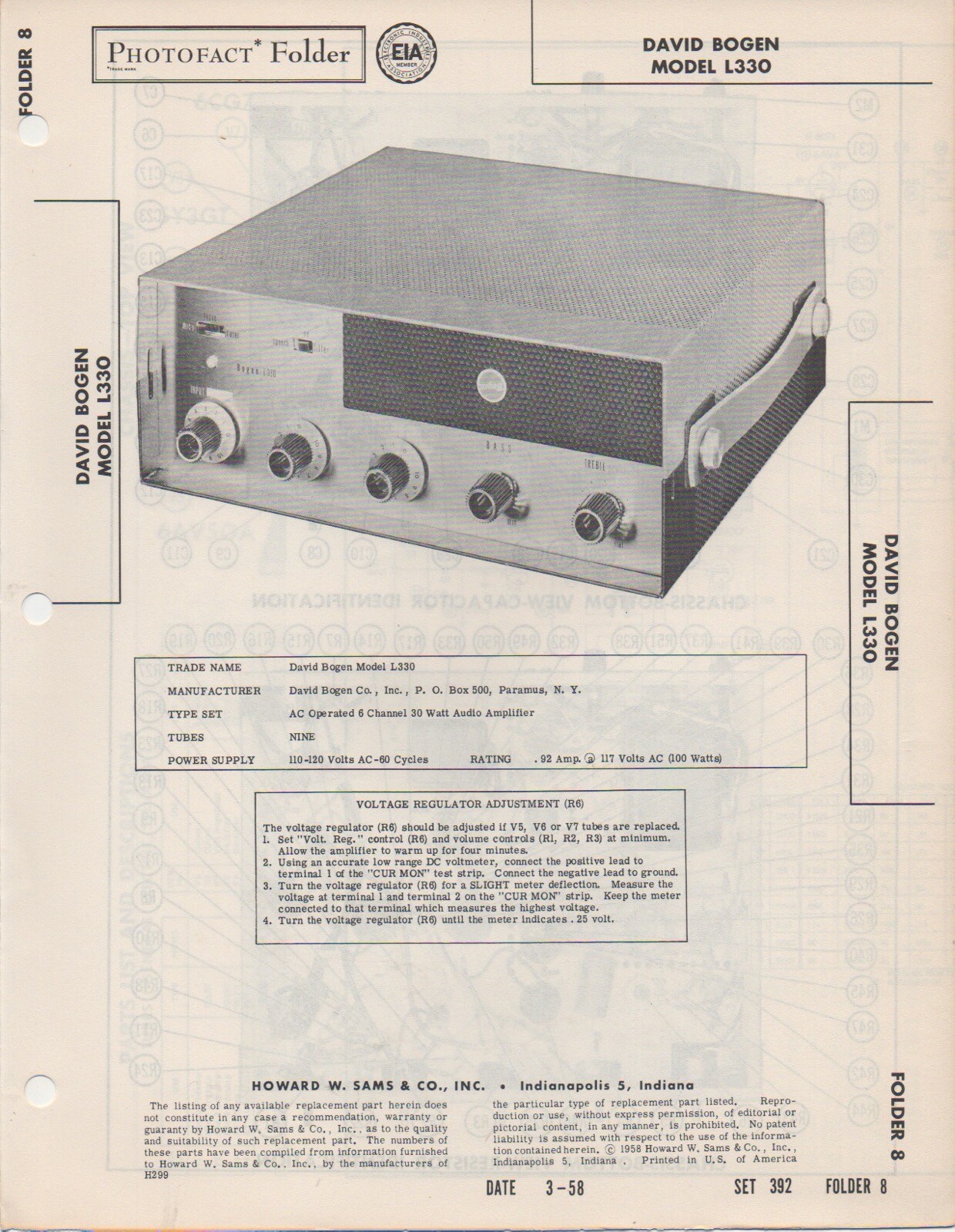 1958 DAVID BOGEN L330 AMPLIFIER SERVICE MANUAL PHOTOFACT SCHEMATIC ...
