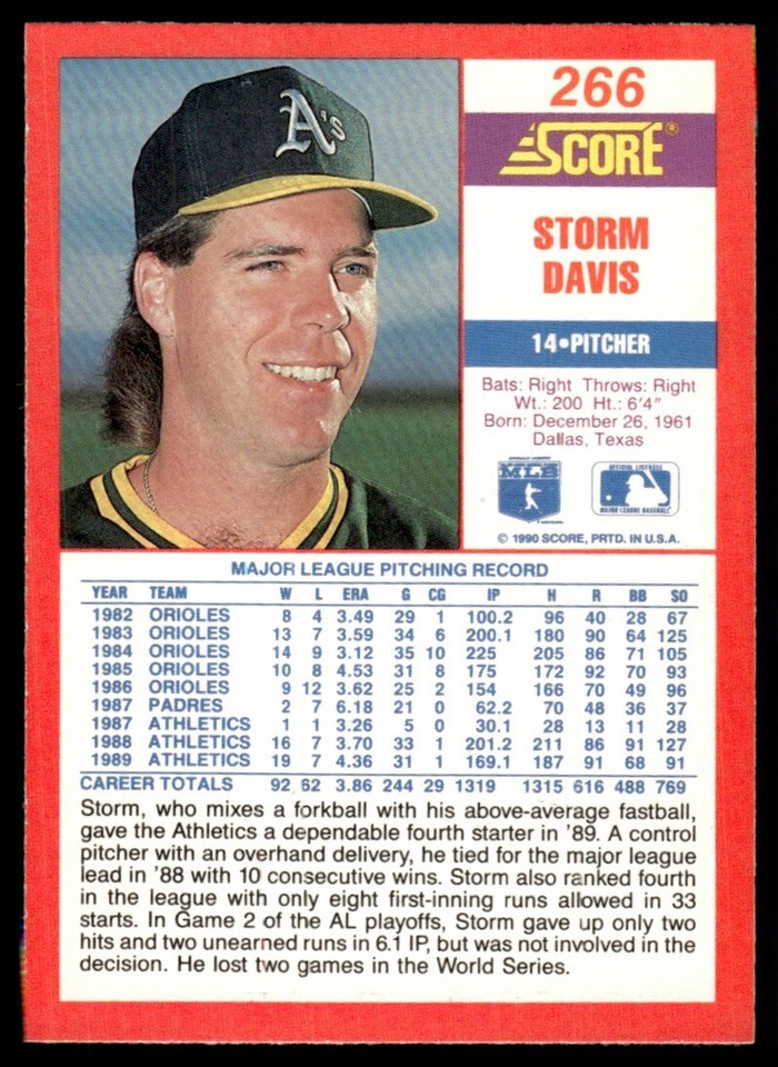 1990 Score #266 Storm Davis Oakland Athletics | eBay