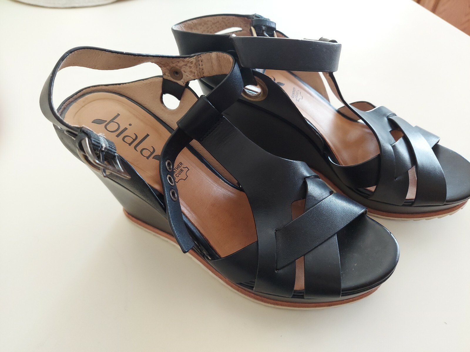 BIALA LEATHER BUCKLE WOMENS SHOES/SANDALS WEDGE HEEL BLACK SIZE 6.5 M ...