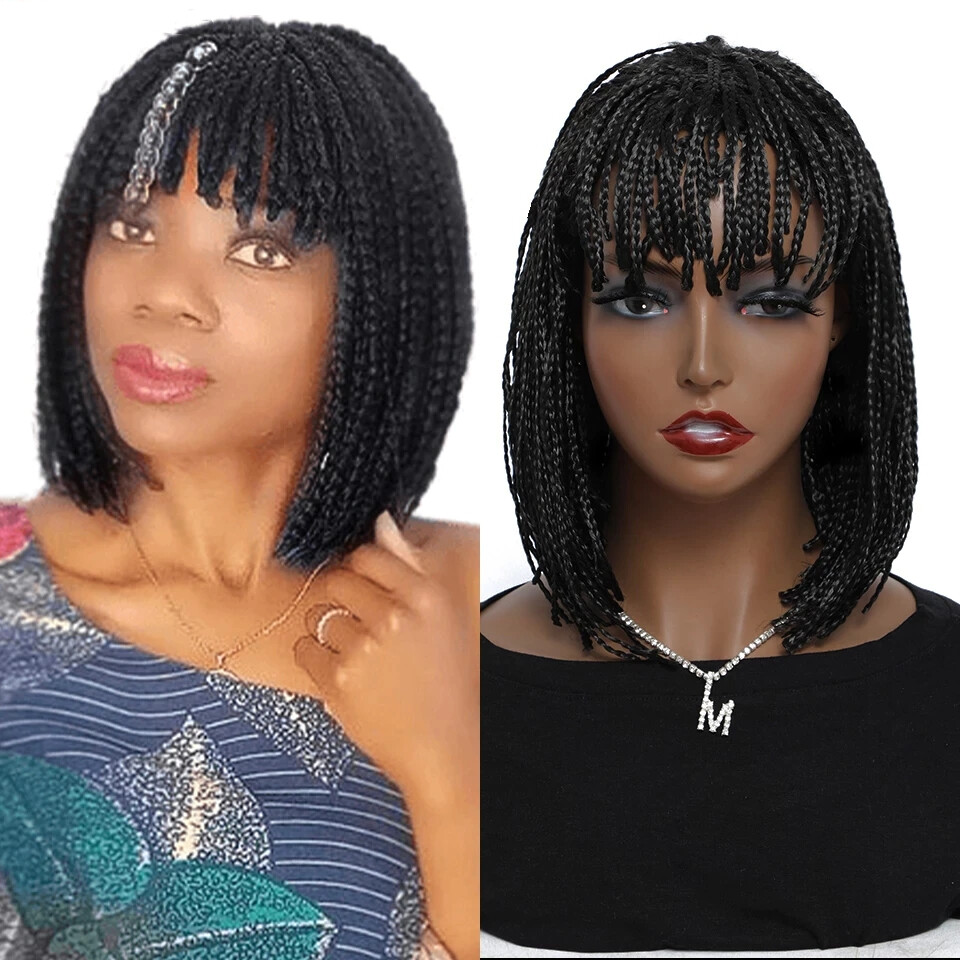Black Short Bob With Bangs Synthetic Heat Resistant Hair Afro Box ...