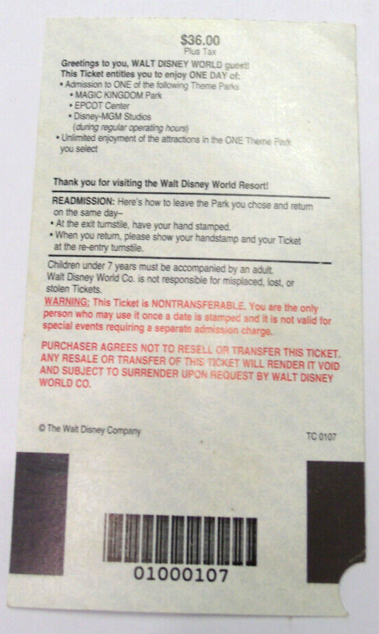 1995 Walt Disney World Admit One Park 1 Day Ticket | eBay