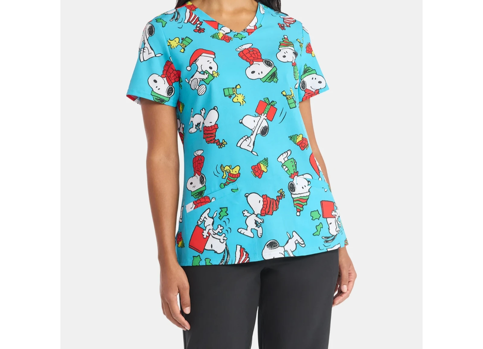 Peanuts SNOOPY Christmas Women's X-Large Blue Graphic Scrub Top NWT ...