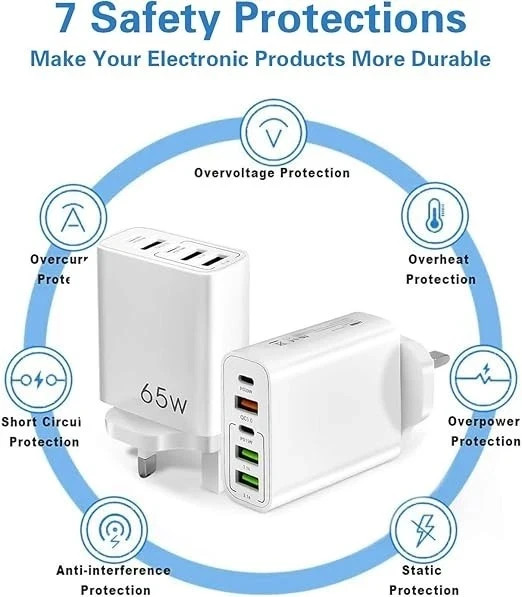 65W 5 Multi-Port Fast Quick Charge USB Hub Mains UK Plug Adapter Wall ...