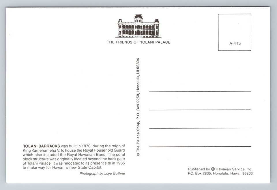 Iolani Barracks Honolulu Hawaii Postcard - Royal Household Guard 1870 ...