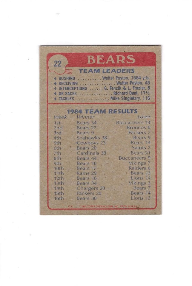 1985 Topps Football #22 Chicago Bears Walter Payton Sweetness HOF Bears ...