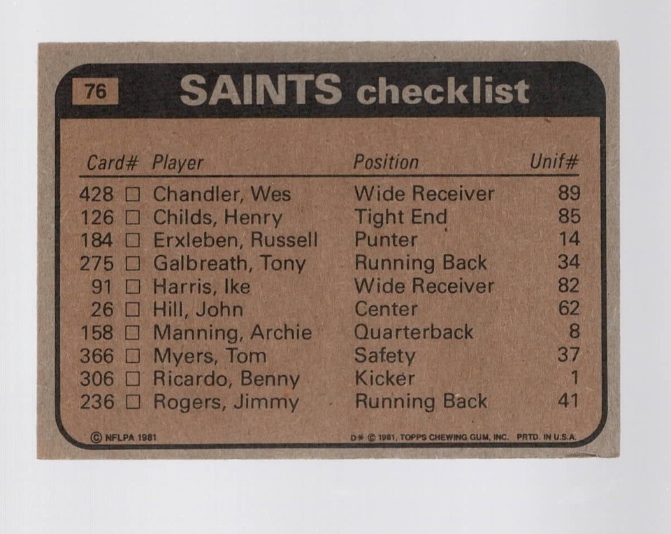 1981 Topps #76 New Orleans Saints Team Leaders Excellent/NM | eBay