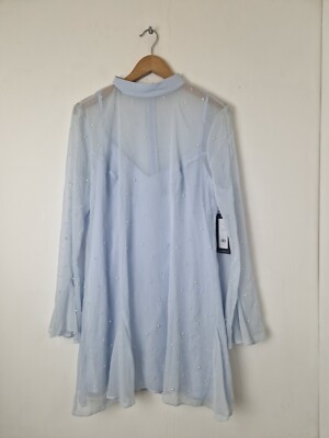 French Connection Baby Blue Sheer Long Sleeved Mini Dress Pearl Accents ...