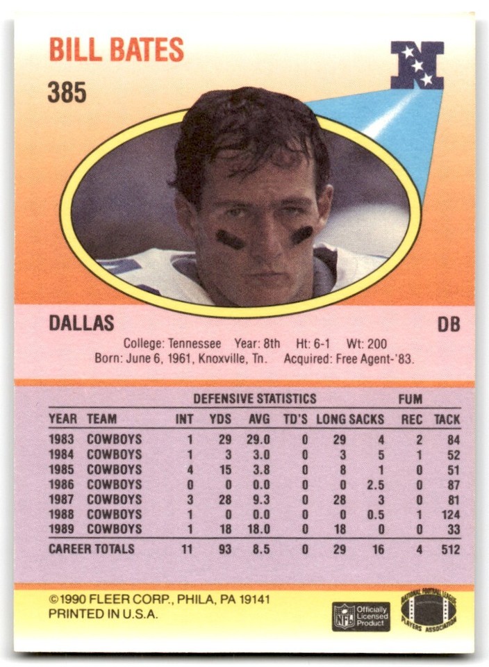 1990 Fleer Bill Bates Dallas Cowboys #385 | eBay