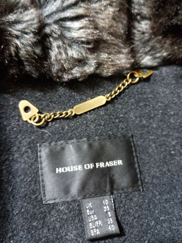 Womens HOUSE OF FRAZER wool/cashmere long coat size 10 black faux fur ...