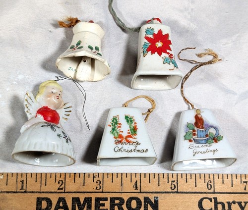 5 Charming Mid-Century Christmas Miniature Bells Porcelain Ornaments ...