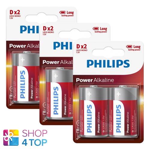 6 Philips Power Alkaline D LR20 batteries 1.5V Mono MN1300 2BL Exp 2030 ...