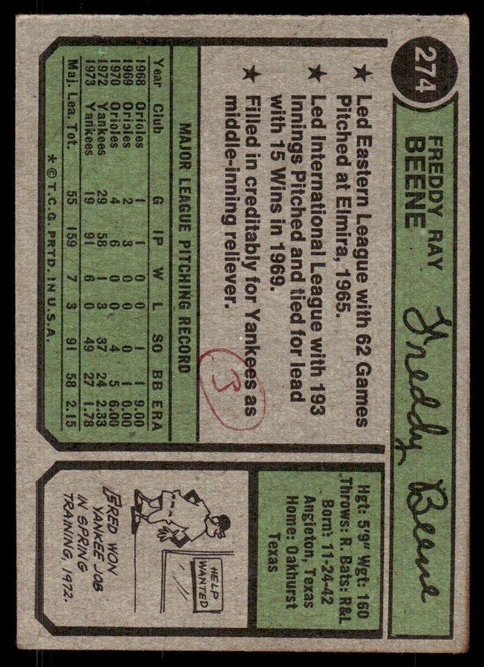 1974 Topps Fred Beene #274 New York Yankees Baseball Card | eBay