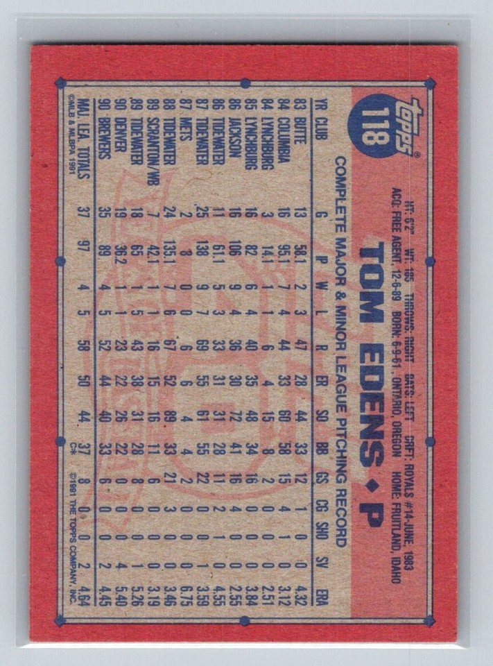 TOM EDENS AUTOGRAPHED 1991 TOPPS MILWAUKEE BREWERS ROOKIE BASEBALL CARD ...