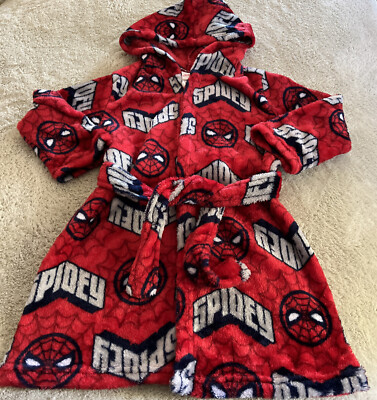 Marvel Spiderman Boys Red Blue Gray Hooded Fleece Long Sleeve Robe XS 4 ...