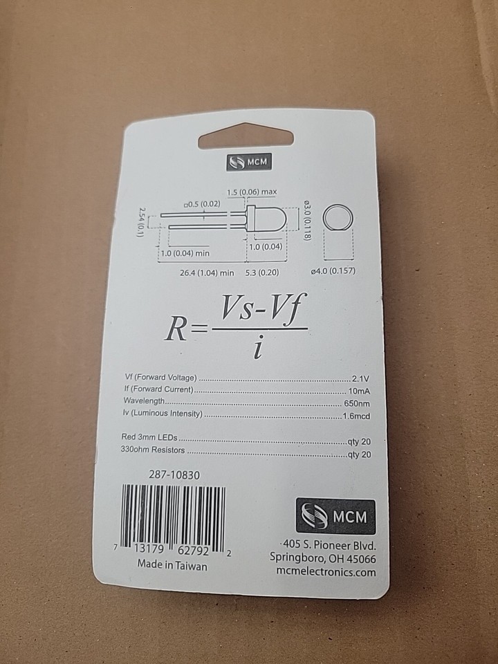 20 Pk 3mm Red LEDs + Resistors 330 ohm , For 5VDC Circuits, 287-10830 ...